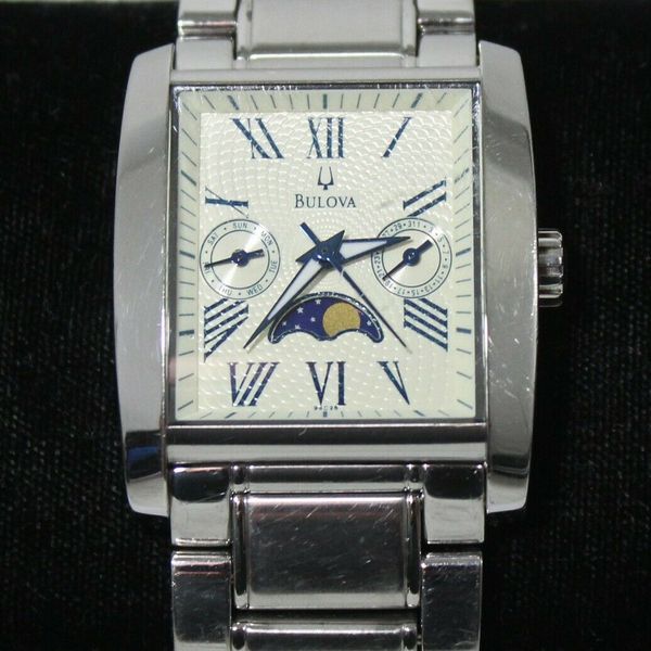 Bulova Moonphase Triple Calendar Day Date Rectangle Tank SS Men's Watch ...