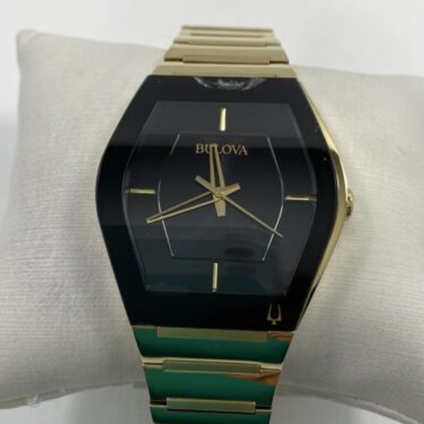 Bulova Futuro Gemini Black Dial Gold Tone Stainless Steel Men's Watch ...