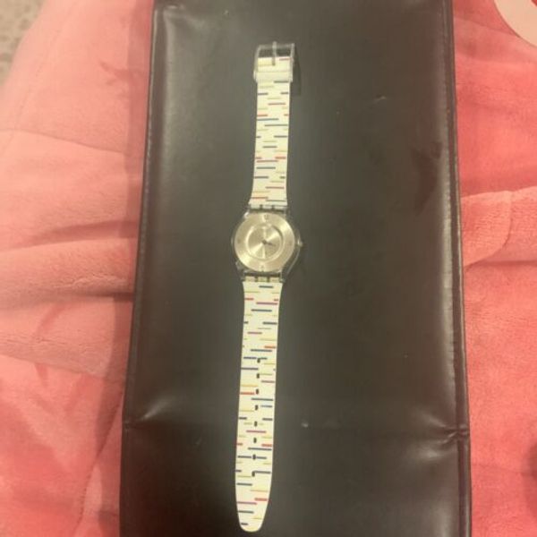SWATCH Watch Skin Striped White Band Silver Face | WatchCharts Marketplace