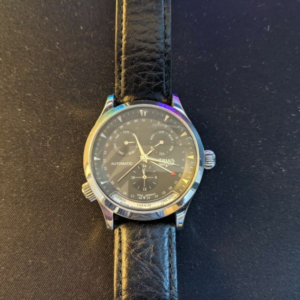 Trias Globaltimer Men's Automatic Watch 35 Jewels Black Face *read ...