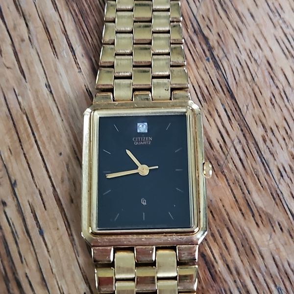Vtg Square Citizen CQ Gilt Tank Diamond Watch Black Dial Gold Tone Band ...