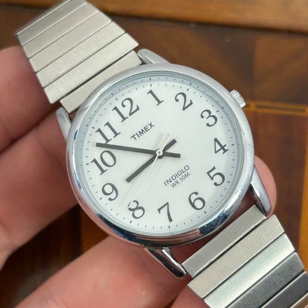 Timex Indiglo Watch Men Easy Reader White Dial Silver Tone 35mm New ...