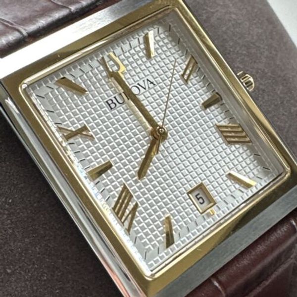 Bulova Watch Classic Rectangle Quartz Two-Tone Silver Gold Leather ...
