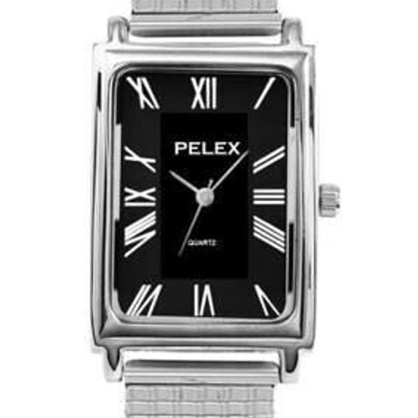 Pelex Gents Rectangle Silver Watch Expanding Bracelet Strap with Black ...