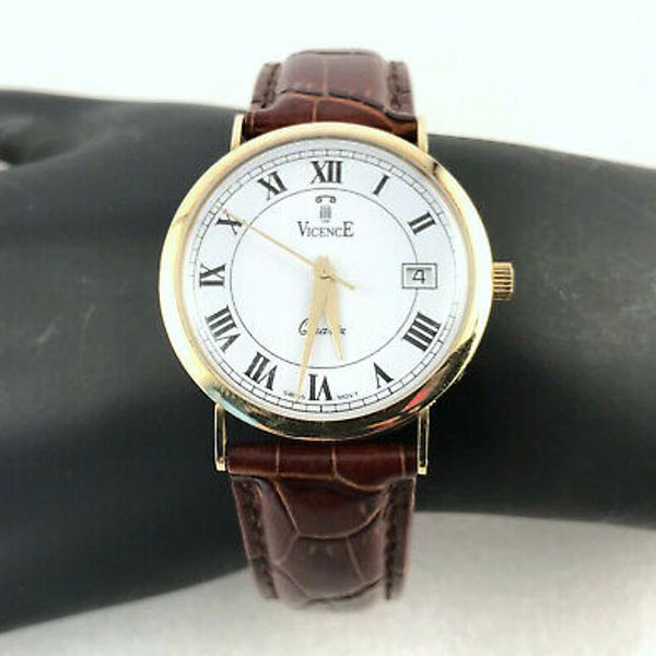 VicencE Ladies Quartz 14KT Gold-Milor 32mm Watch with Leather Band ...