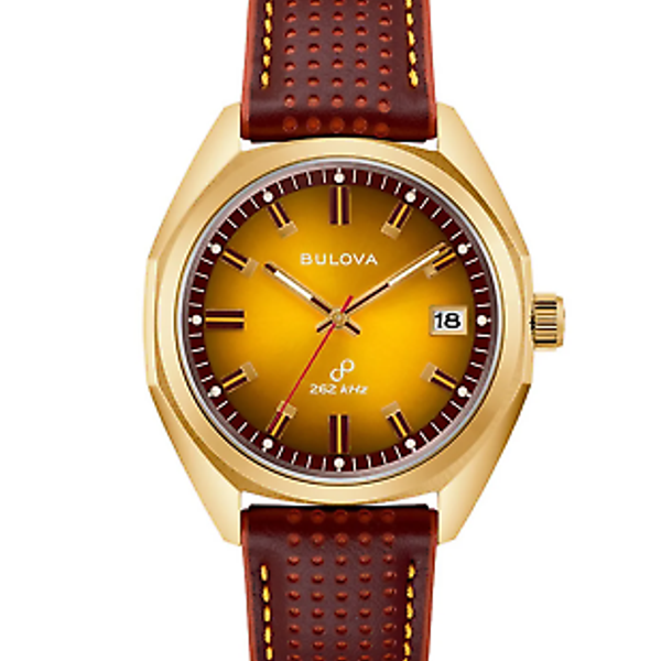 Bulova Jet Star 97B214 Men's Watch - Gold-Tone Dial, Brown Leather ...