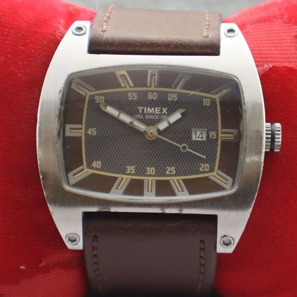 Beautiful TIMEX Brown Dial with Date Leather Band Quartz Men Rectangle ...