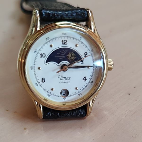 Women's Timex Moon Phase Watch, New Battery, Leather Strap, Gold Tone ...
