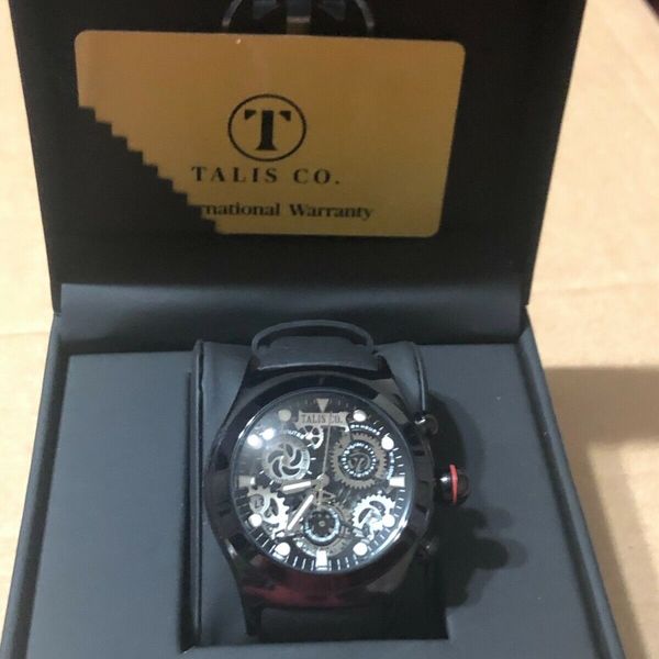 MENS TALIS Co. CHRONOGRAPH WATCH SKELETON DIAL, BLACK CASE & LEATHER ...