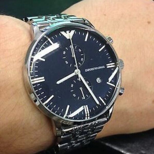 NEW EMPORIO ARMANI AR1648 SILVER AND DARK BLUE DIAL TONE MEN'S STEEL ...