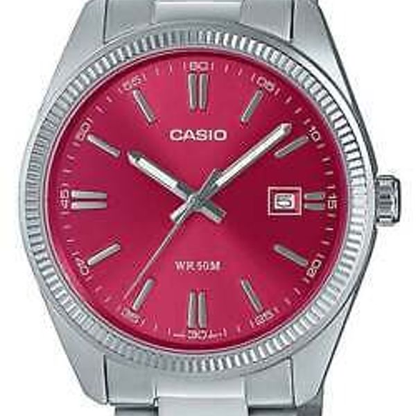 Casio MTP Series Analogue Quartz (38.5mm) Cherry Red Sunray Dial ...
