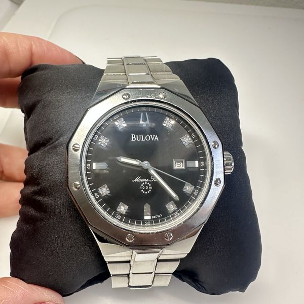 Bulova Marine Star Diamond Accent Watch with Black Dial (Model: 96D14 ...