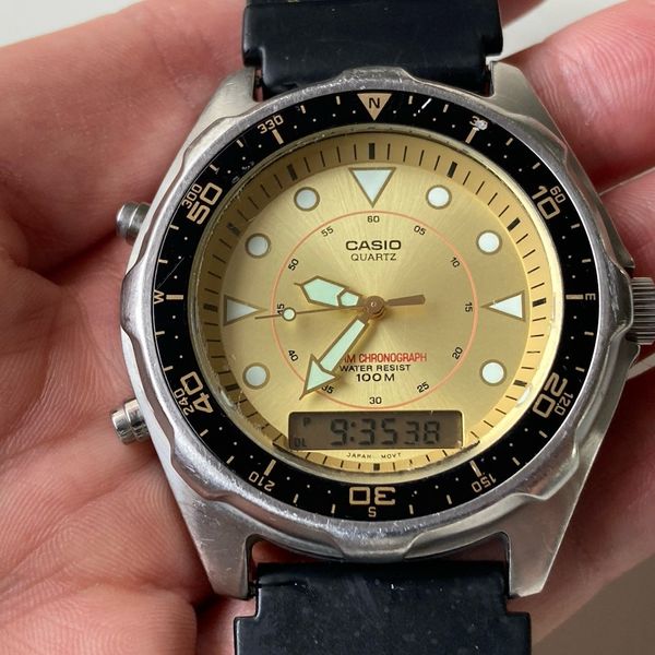 Vintage Casio Men AMW-320R Yellow Dial Arnie 47mm Quartz Ana Digi Watch ...