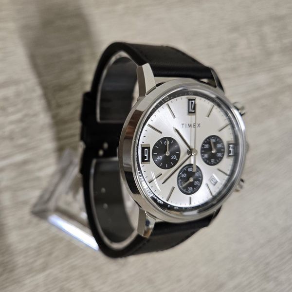 Timex Marlin Chronograph Watch Black leather silver dial 40mm TW2W10300 ...