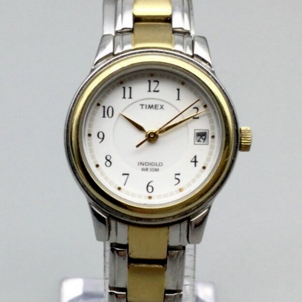 Timex Watch Women Indiglo 27mm Silver Gold Two Tone Date New Battery 7. ...