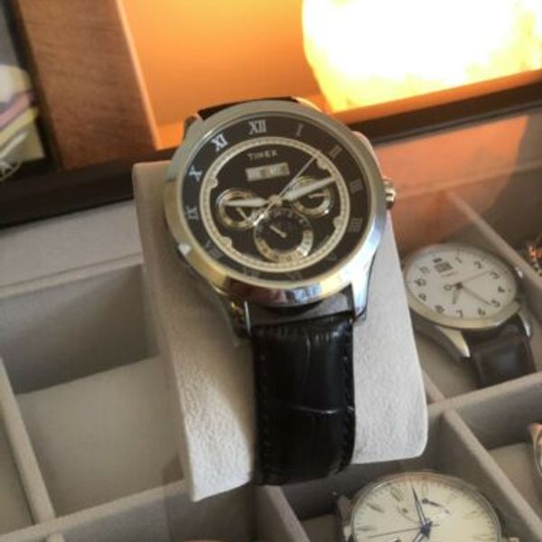 Timex T2N289 Automatic Annual Calendar Movement Watch, Black and Silver ...
