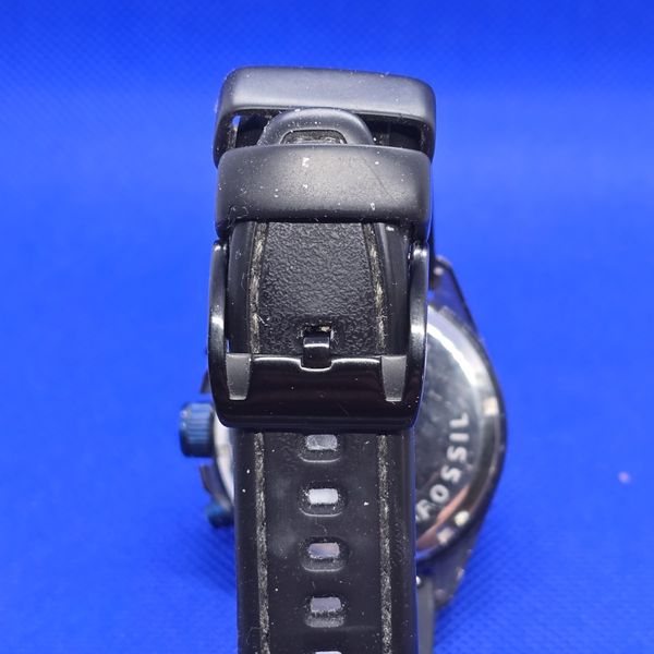Mens FOSSIL Chronograph Blue Face Rubber Black Strap Quartz Watch ...