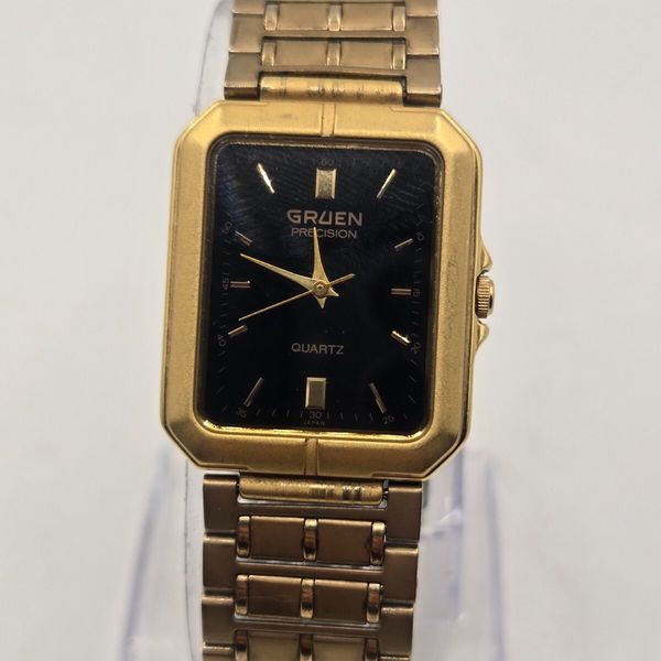 NOS Vintage Gruen Precision Men's Gold Tone Black Dial Watch ...