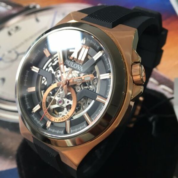 Mens Bulova Watch MAQUINA 98A177 Automatic Skeleton Sapphire Rose Gold ...