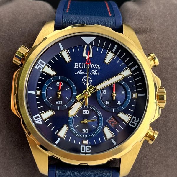 Bulova Marine Star 43MM Blue Dial Gold Tone Stainless Quartz Men's ...