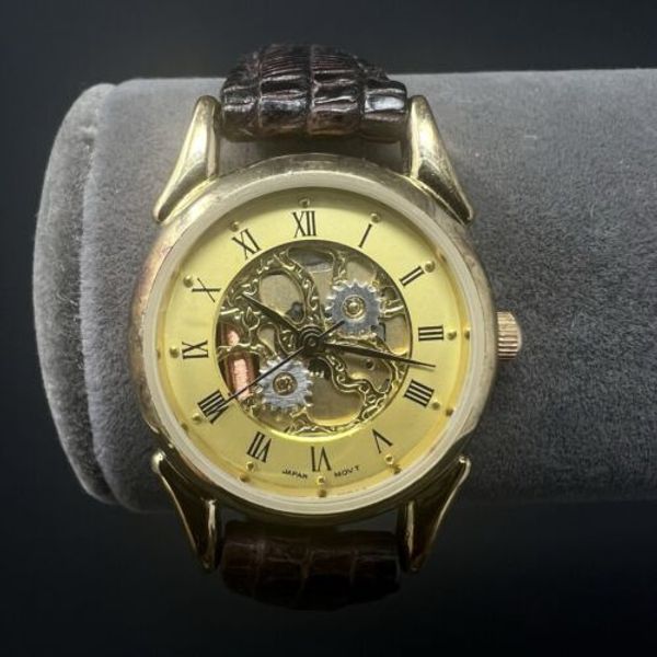 Vintage Fossil World Quartz Watch Gold Tone Skeleton Leather band ...