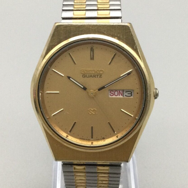 Vintage Seiko SQ Watch Men 34mm Gold Tone Day Date 8123-7240 New Battery | WatchCharts Marketplace