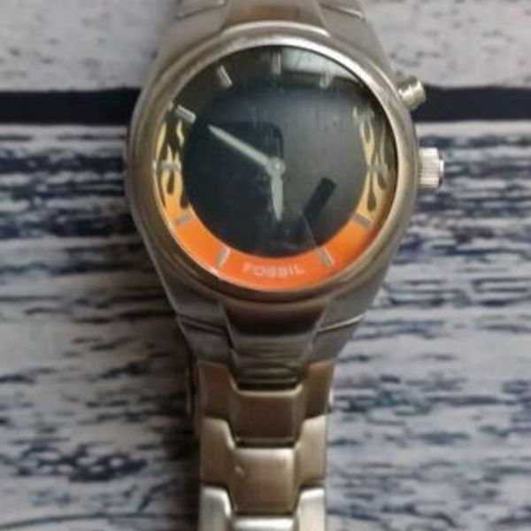 FOSSIL BIG TIC WATCH MENS SILVER TONE FLAME ANIMATION Needs Battery EUC ...