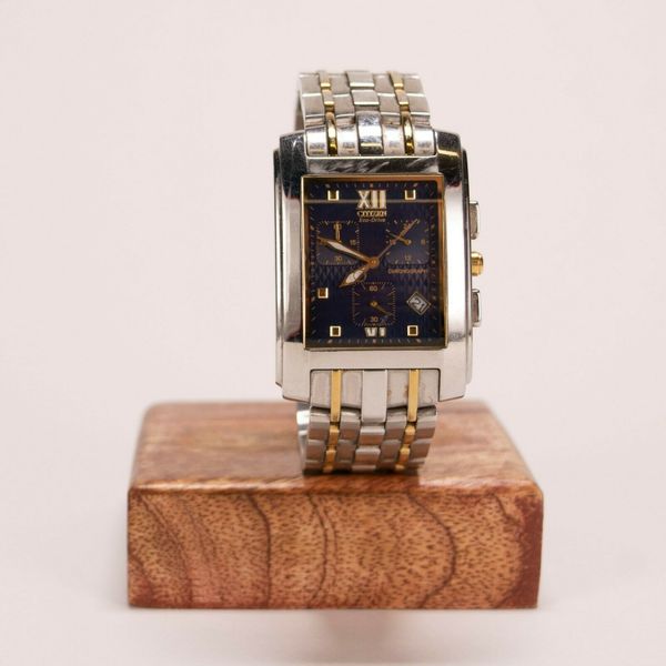 CITIZEN ECO DRIVE CHRONOGRAPH RECTANGULAR TWO TONE MENS GENTS WATCH ...
