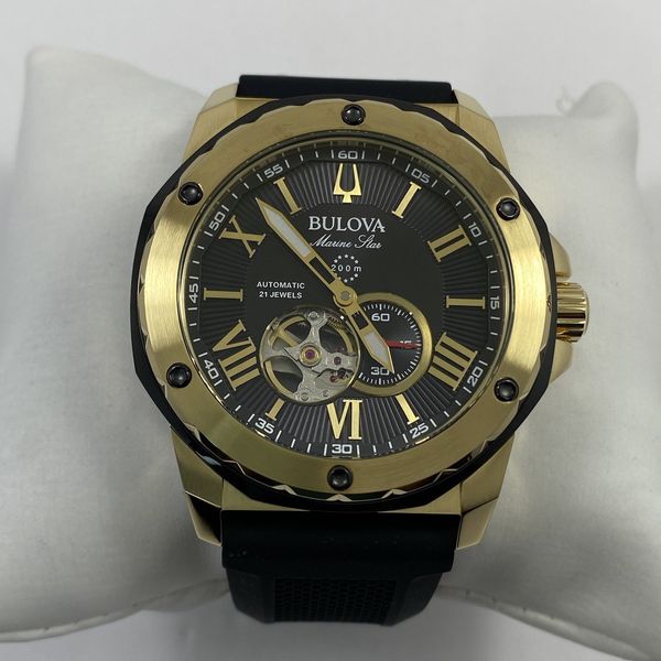 Bulova Marine Star Automatic Skeleton Black Dial Rubber Strap Men's ...