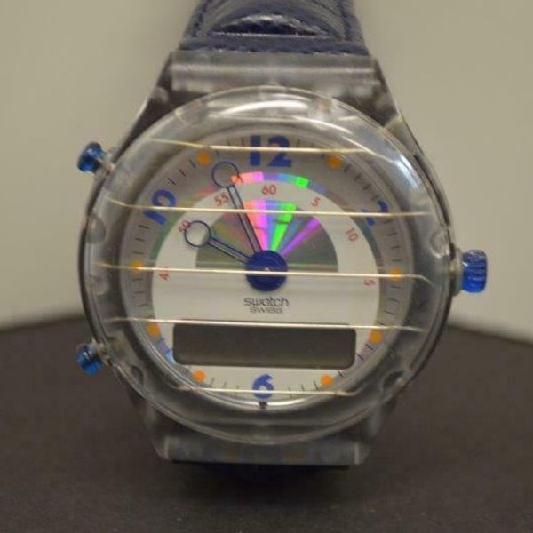 Vintage Swatch Watch Beep Up Pager Swiss Made Silver Blue Leather Band ...