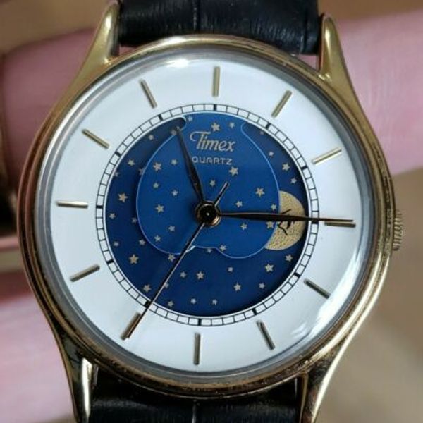 Mens Timex Big Blue Star Moonphase Gold Plated White Face Dress Watch ...