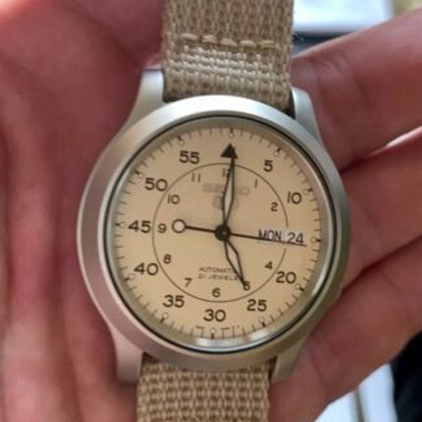 Seiko 5 SNK803 Automatic Wrist Watch Beige dial and strap | WatchCharts