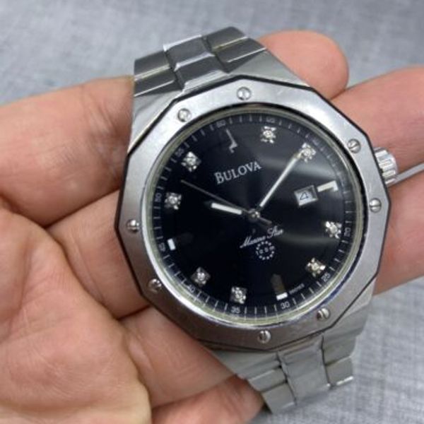 Bulova Marine Star 100M Stainless Black Dial Diamond Hour Marker Watch ...