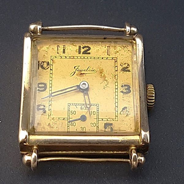 6: Jewelex 1930s 15J Gents Wristwatch w Square 9ct Solid Gold Handley ...