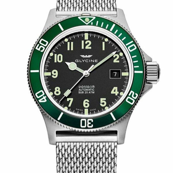 Glycine Combat Sub Auto Green Bezel Watch Stainless Mesh Strap - 42 mm ...