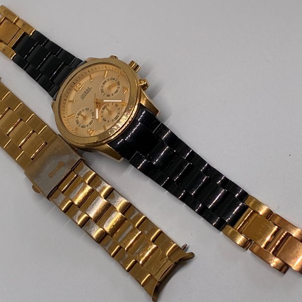 Working Men's Gold and Black Acrylic GUESS Quartz Watch With Sub Dials ...