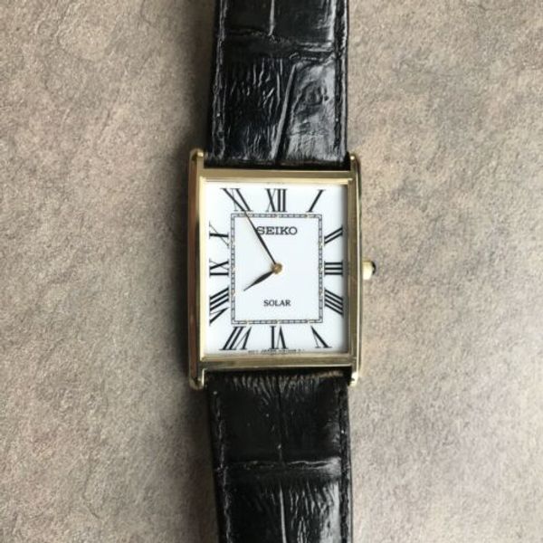 Seiko Men's Watch SUP880 Solar Roman White Dial Black Leather Band Tank ...