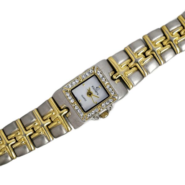 Elgin Watch Two Tone Crystal Bezel White Dial Square Case Quartz Ladies ...