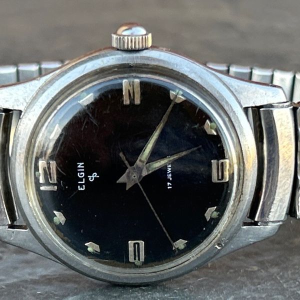 Vtg Mens ELGIN DuraPower Mechanical Watch ShockMaster 17 Jewels Black ...