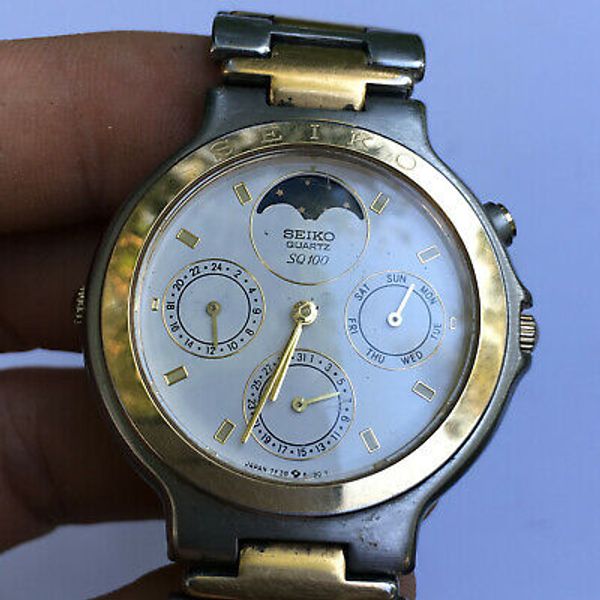 Vintage Seiko Quartz sq100 7F38-6129 Men's Watch Moon Phase GMT Japan ...