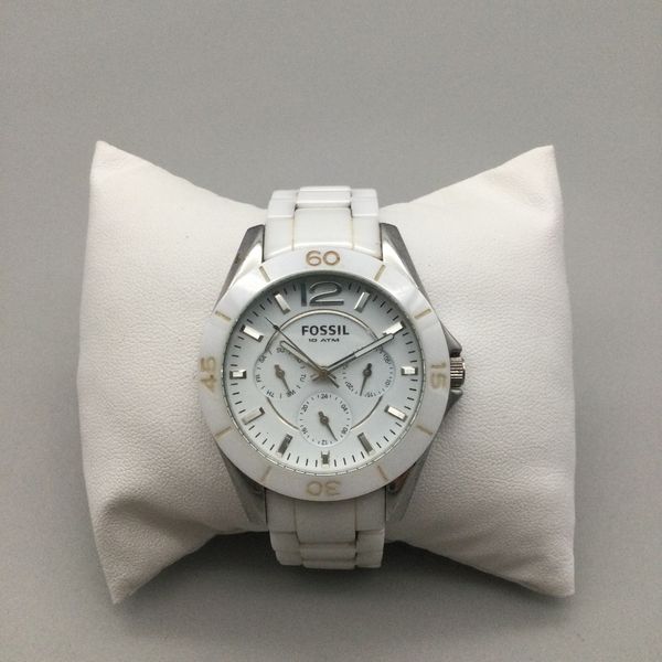 Fossil Ceramic Watch Women 40mm Silver Tone White Day Date New Battery ...