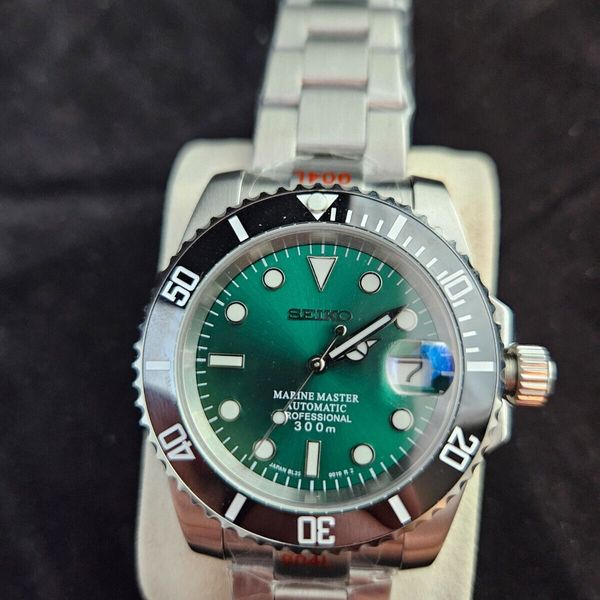 Seiko NH35 Movement Mod Watch Marine Master Green Dial Black Bezel ...