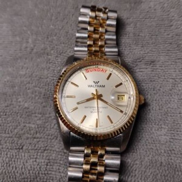 Vintage Waltham Day/Date, Water Resistant 100ft, Quartz Two Tone Watch ...