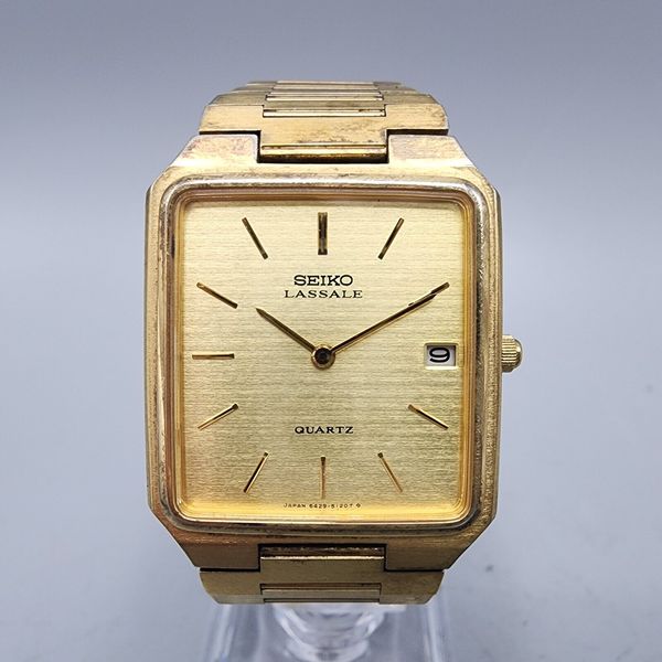 VTG Seiko Lassale Tank Watch Men 28mm Gold Dial Gold Tone Date 6429 ...