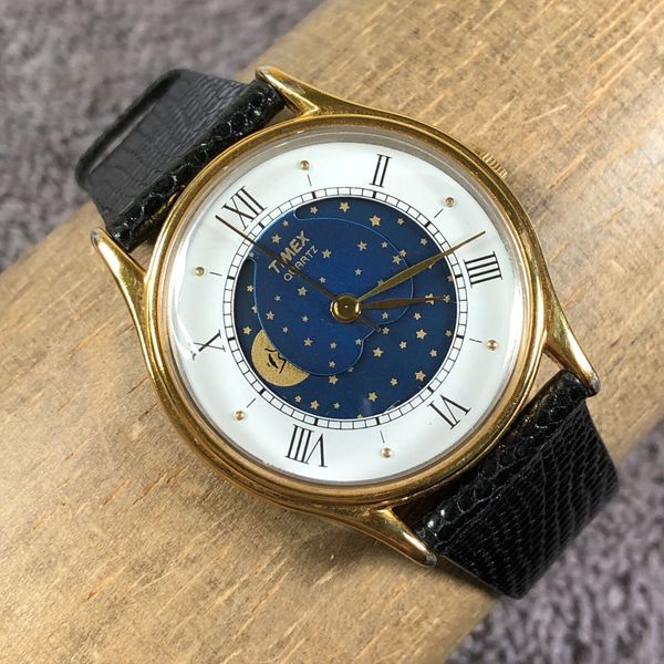 Vintage Timex M CELL Men Blue Star Moon Phase Leather 34mm Quartz Watch ...
