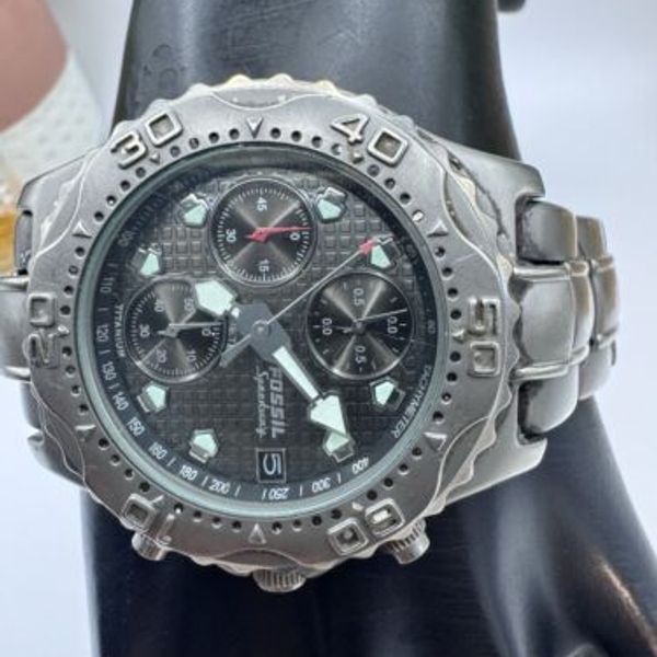 Fossil Blue TI-5010 Solid Titanium Chrono Date Watch Vintage 7.5" Band ...