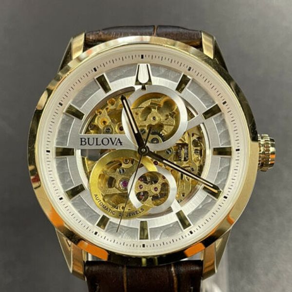 Bulova Men's Watch 97A138 Automatic Skeleton Gold Tone Case Brown ...