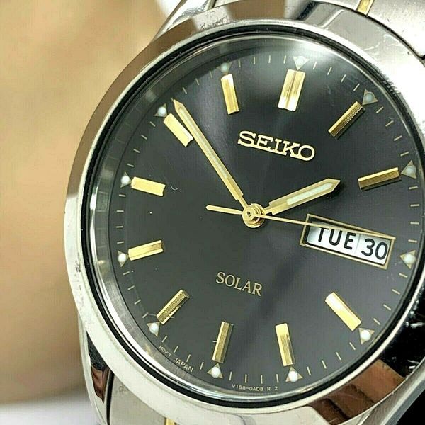 Seiko Solar SNE047 Two Tone Stainless Steel Men's Black Dial Day Date ...