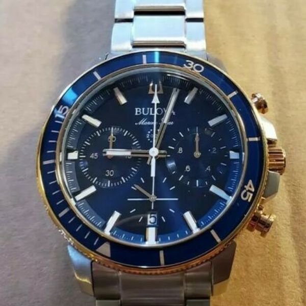 Bulova Marine Star Watch With 45mm Navy Blue Chronograph Face & Silver ...