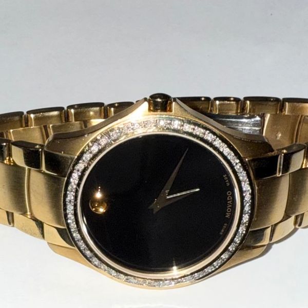 MOVADO MENS MASINO GOLD TONE BLACK DIAL 40MM QUARTZ DIAMOND WATCH ...